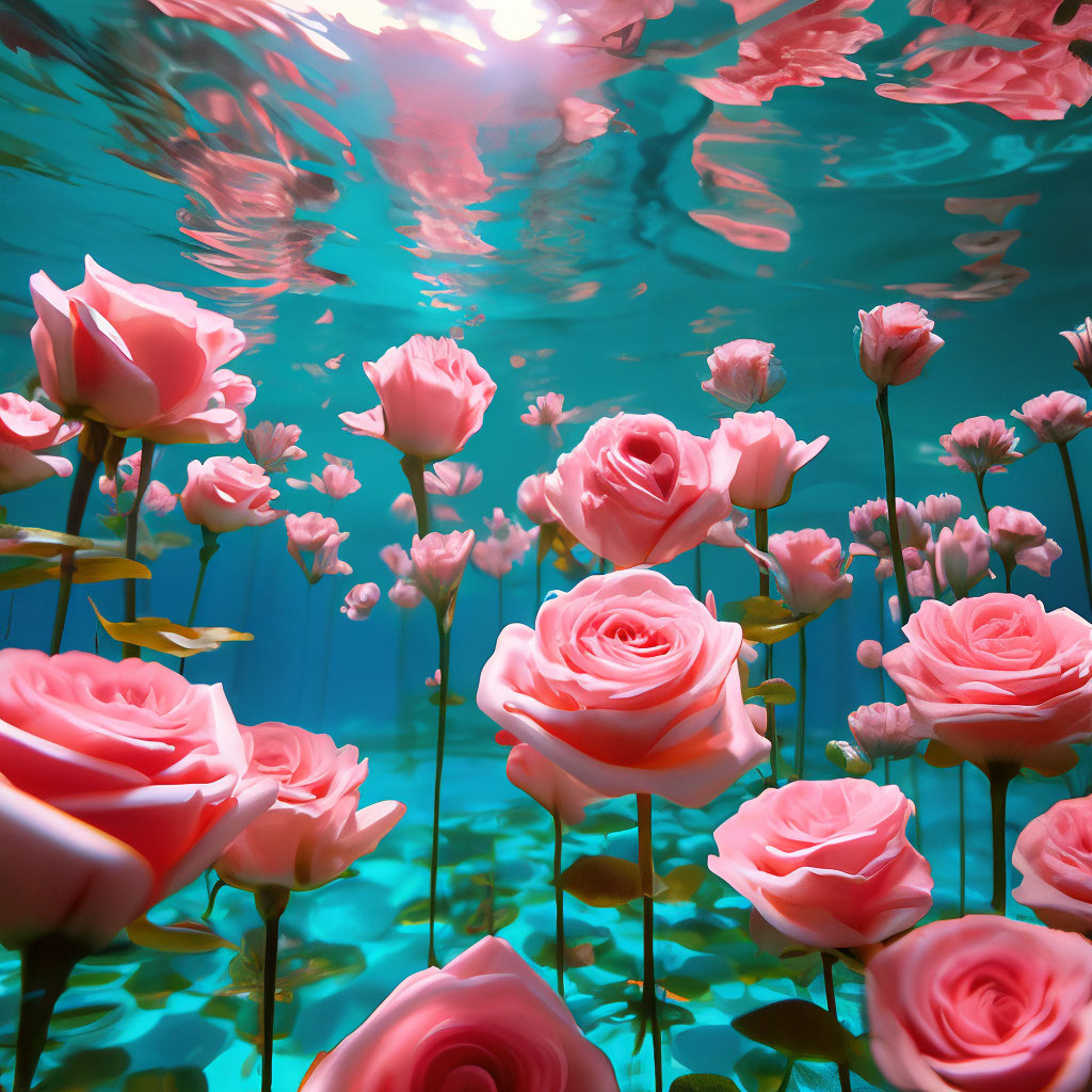"Pink roses floating in the ocean, in the style of surrealist ...
