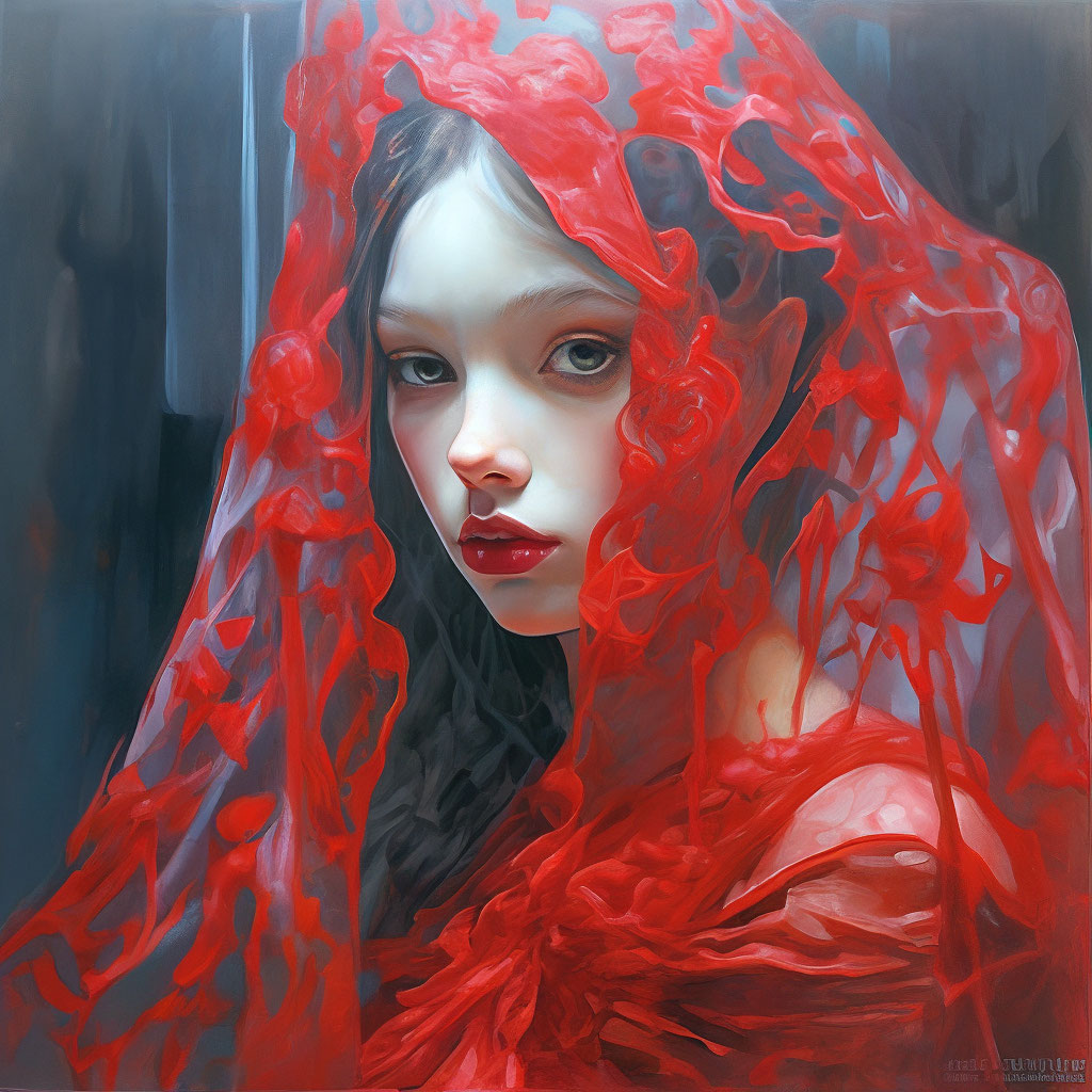 "Color engraving, girl + red transparent veil, detailing, grotesque ...