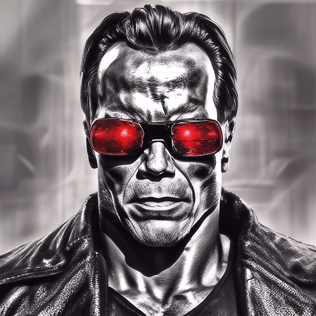 "Schwarzeneggger consisting of Terminator T800, black glasses, red eye ...