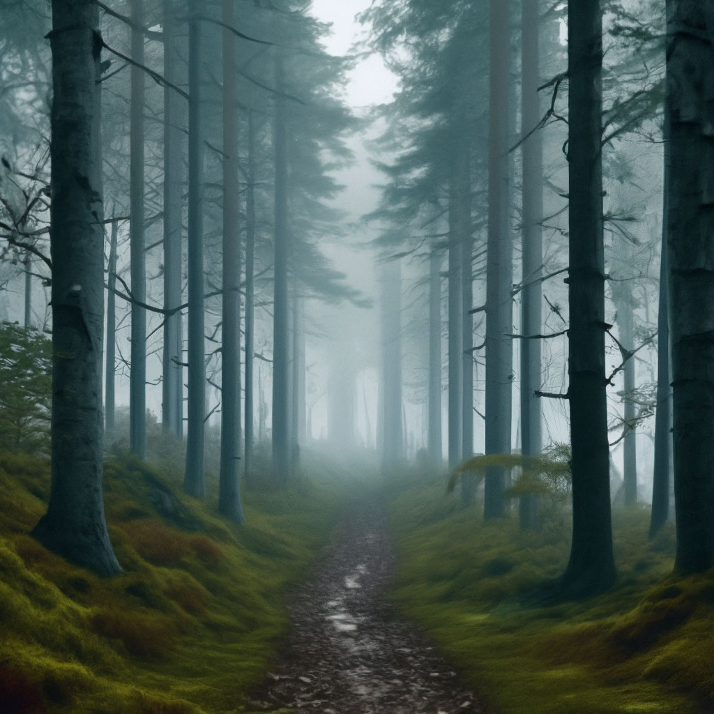 "Dense dense forest in the fog a narrow path and pine trees realism ...