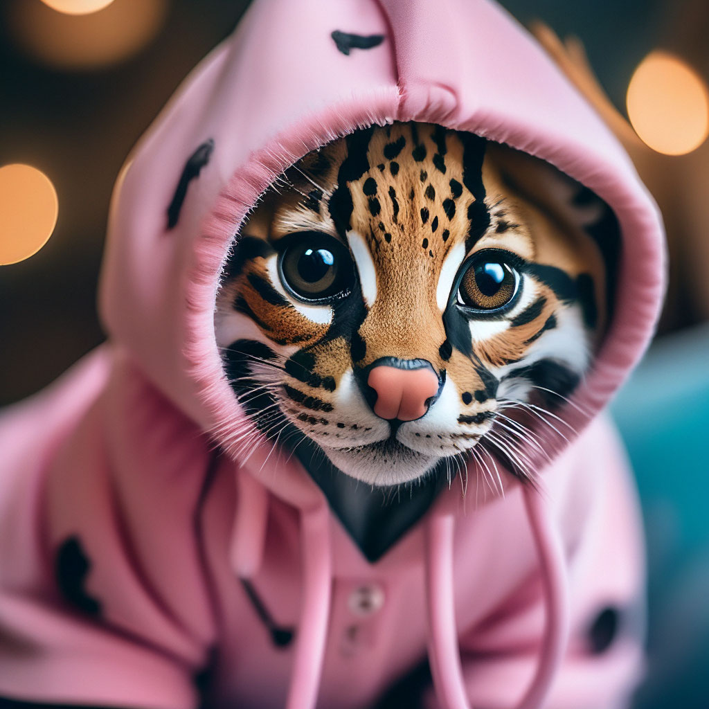 "Cute little ocelot with big black eyes in a pink hoodie very cute ...