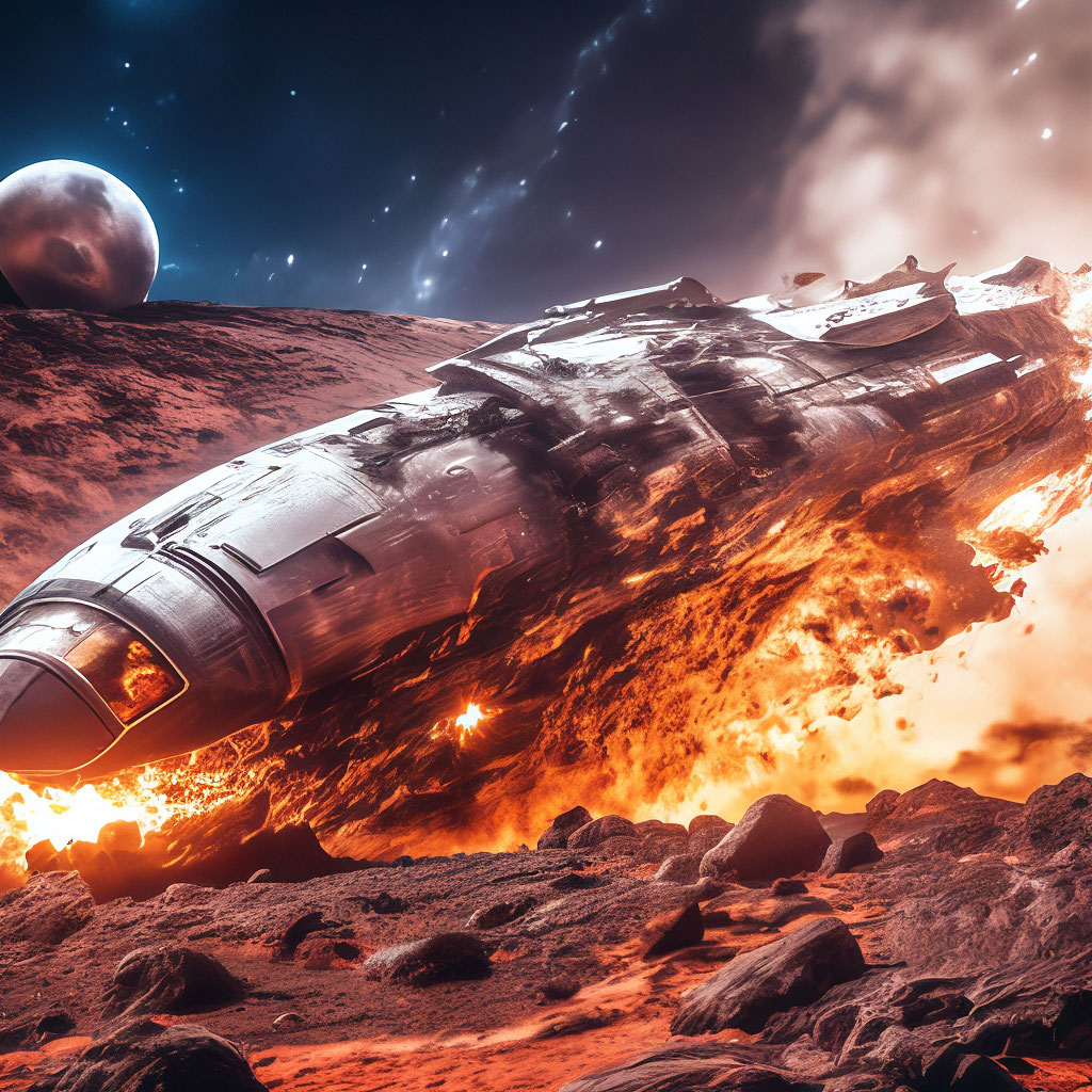 "A crumpled burnt spaceship crashes into the surface of Mars, clouds of ...