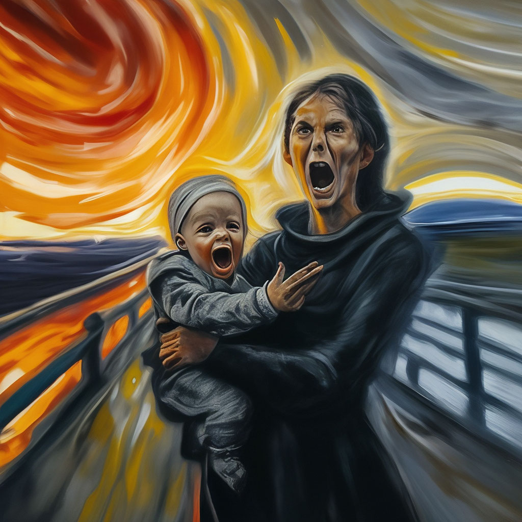 "A mother with a baby in her arms screams standing on the bridge. A ...