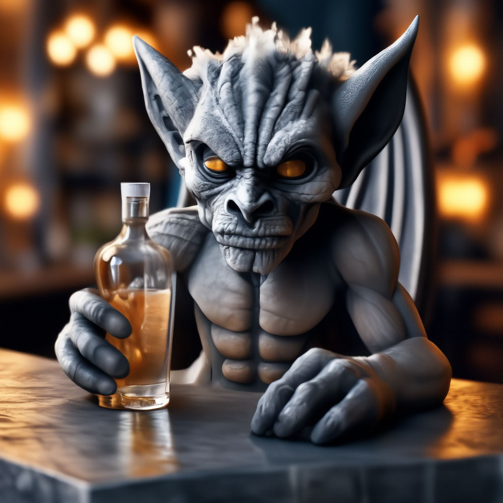 "Cute marble gargoyle drinking vodka in a bar, close-up, night" — image ...