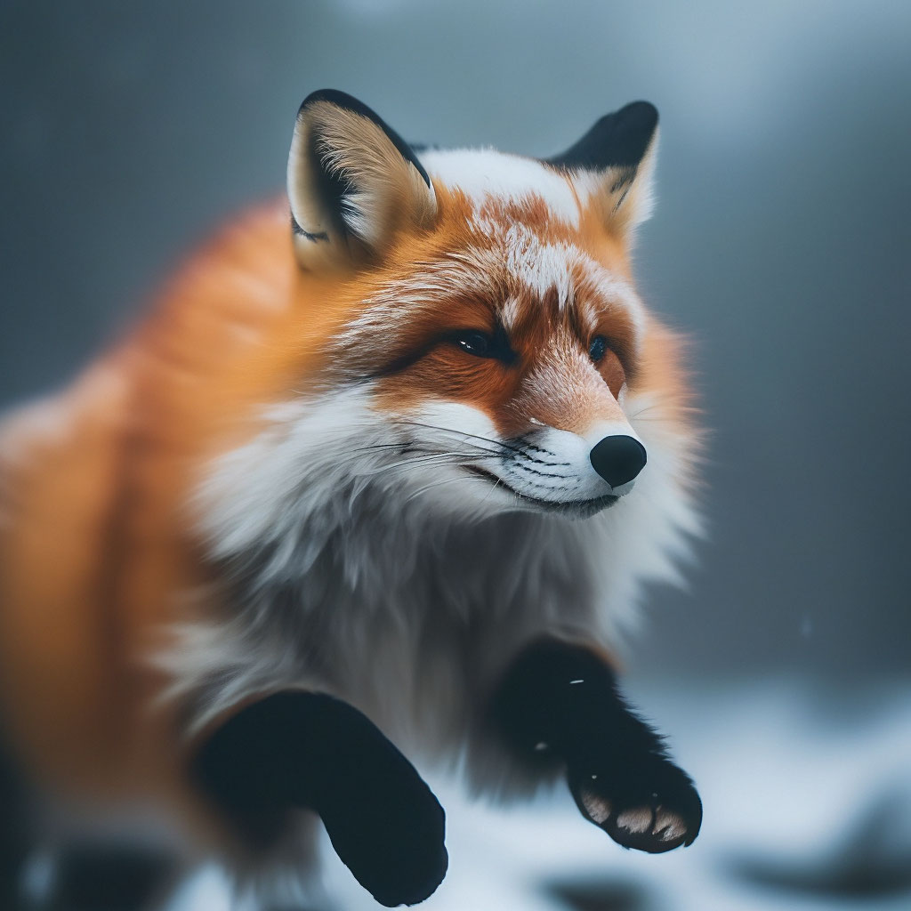 "A fox with a fluffy tail in a knitted sweater jumps in the snow ...
