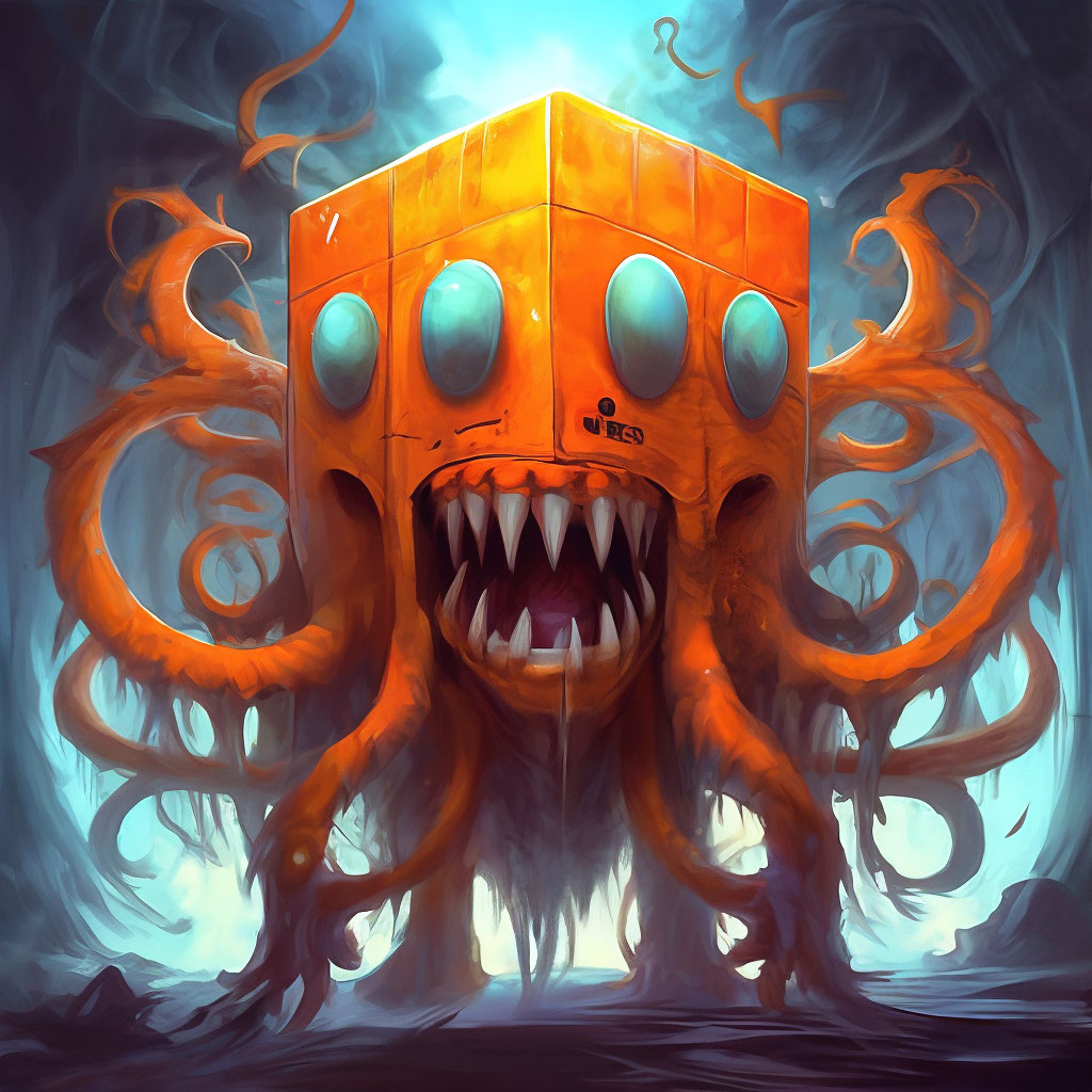 "Creature, living cube, faces, tentacles, limbs, color orange ...