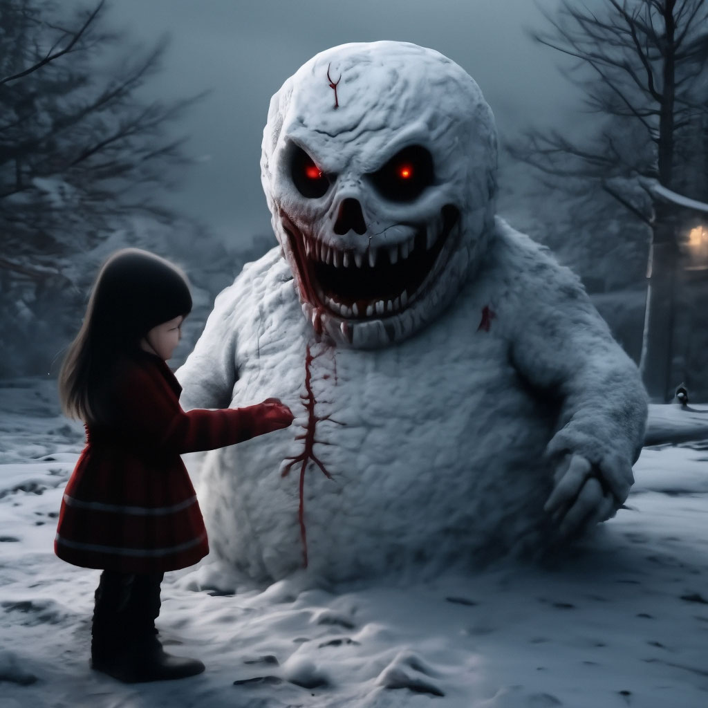 "A scary snowman who wants to eat a girl" — image created in Shedevrum
