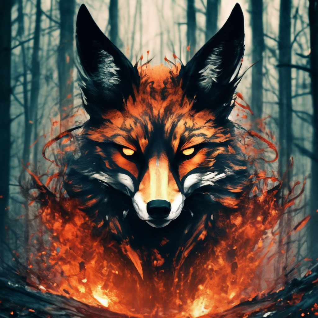 "Demonic fox from the ink hell,on the background of a dark forest ...