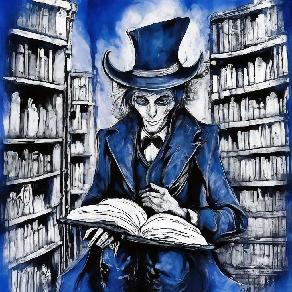 "Schizoid bookseller, bookstore, blue-white background, gothic, horror ...