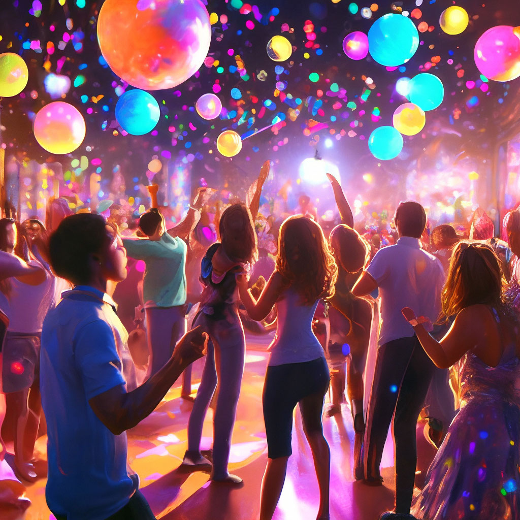 "Party, party, fun, colored balls, flowers, garlands, disco ball, dance ...
