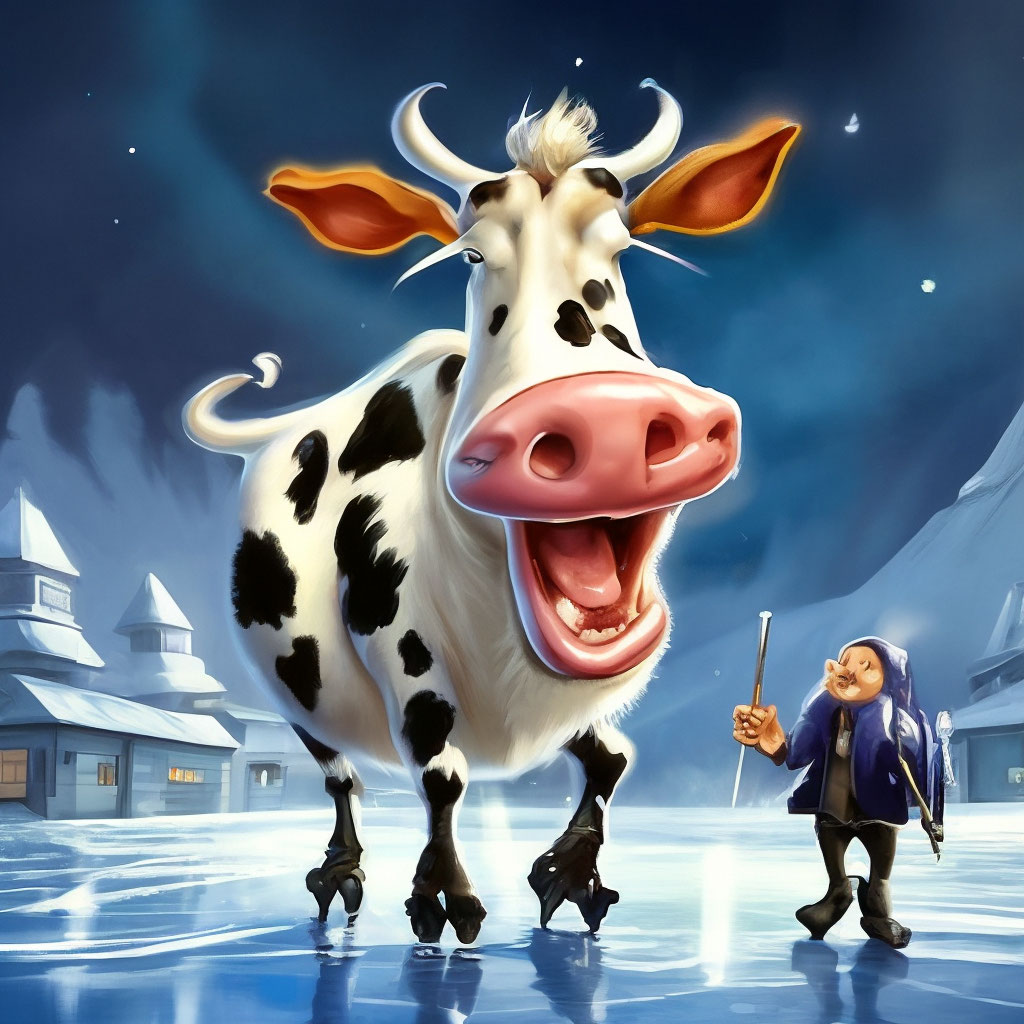 like a cow on ice caricature, humor, caricature" — image created in ...