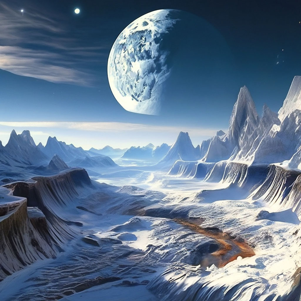 "Fractal super-detailed snow moon in the sky among the alien landscape ...