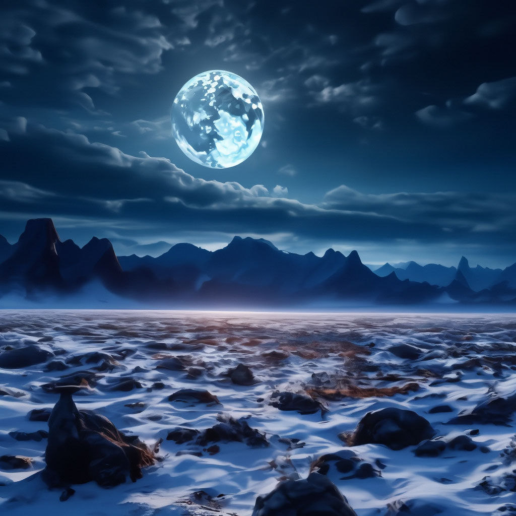 "Alien snow-covered steppe illuminated by a large, round moon seasoned ...