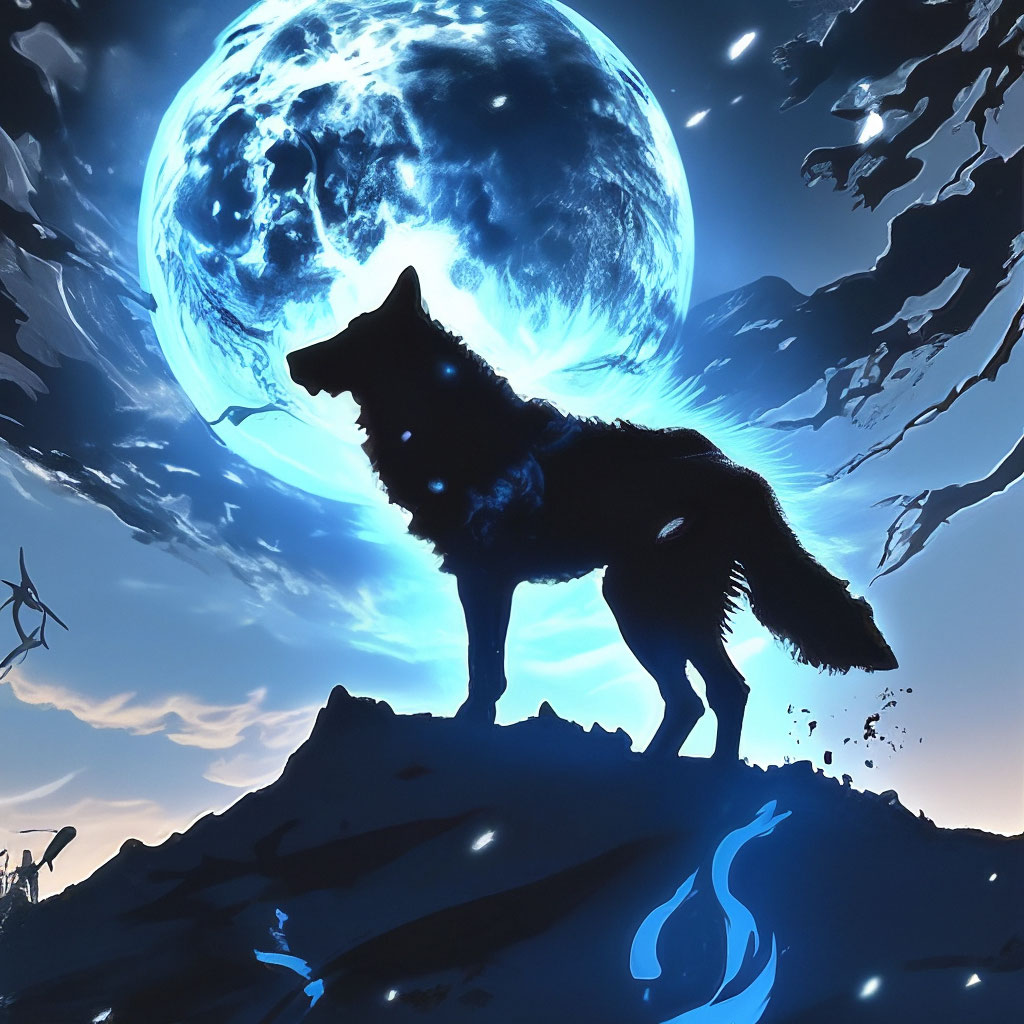 "A black silhouette of a wolf surrounded by an aura of blue fire on the ...
