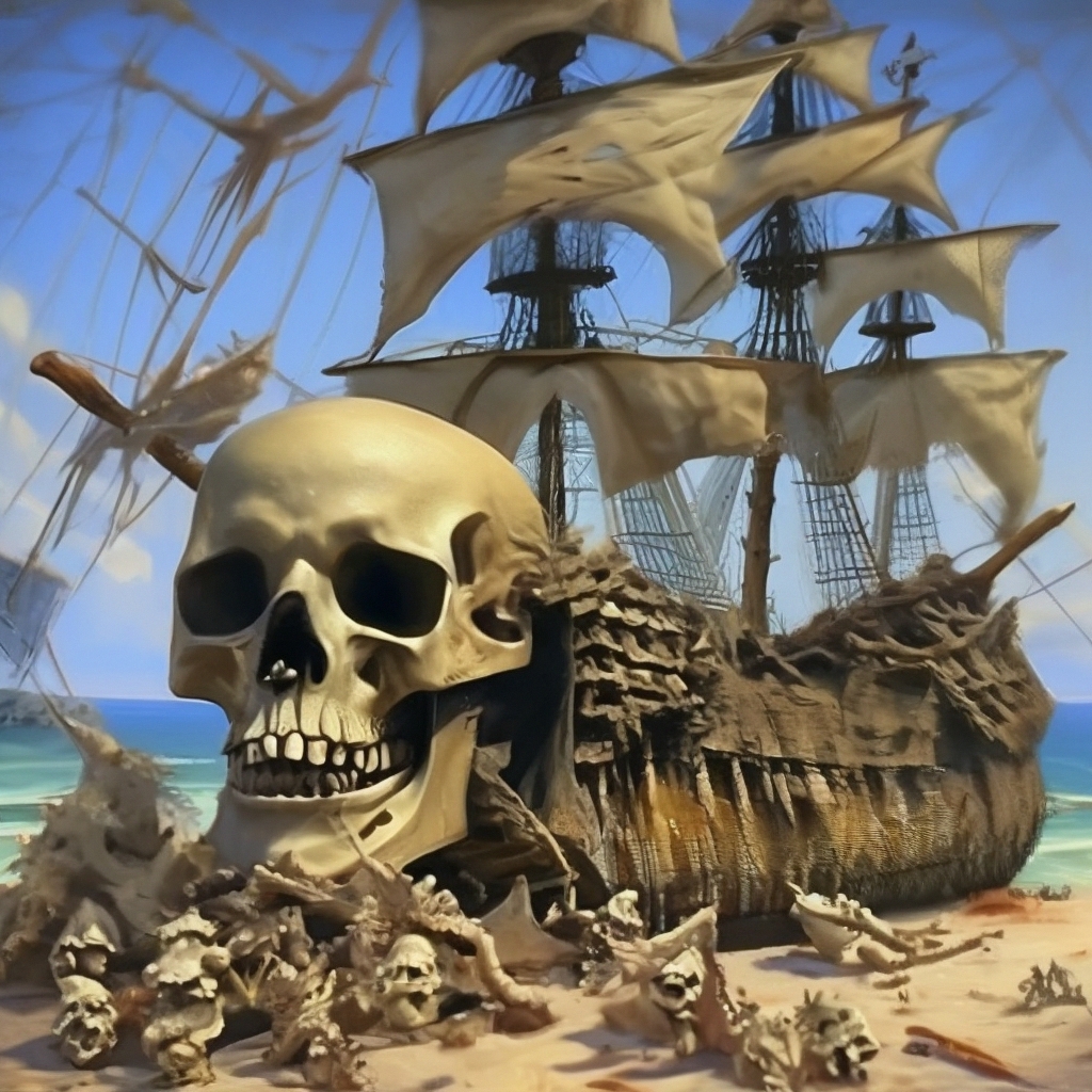 "Skeleton island, skulls, bones, destroyed ships, torn sails" — image ...