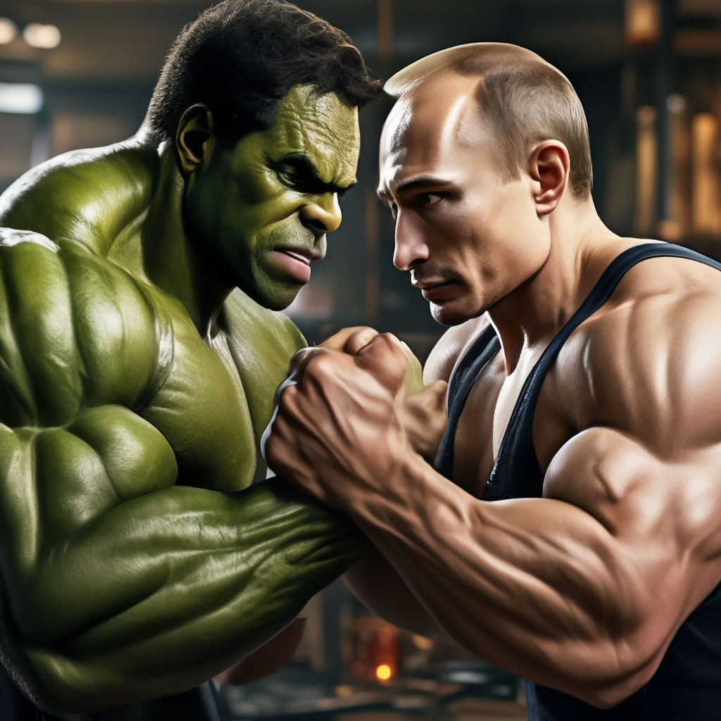 "Vvputin and hulk arm wrestling" — image created in Shedevrum