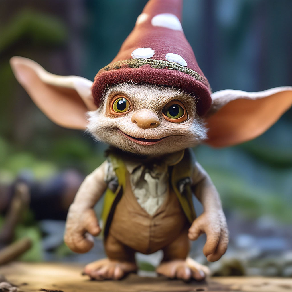 "Full-length, stocky broad-shouldered forest cute funny gnome-gremlin ...
