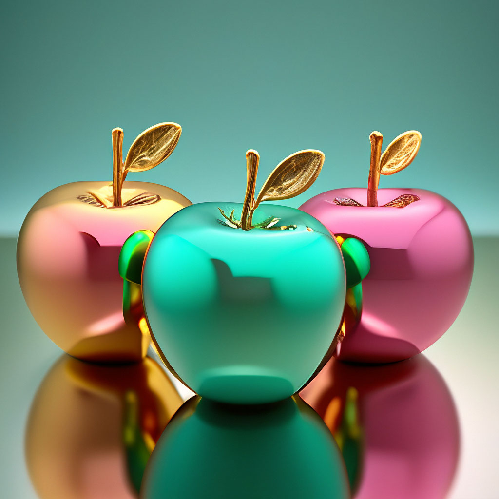 "Three fantasy apples, one turquoise, another pink, the third gold ...