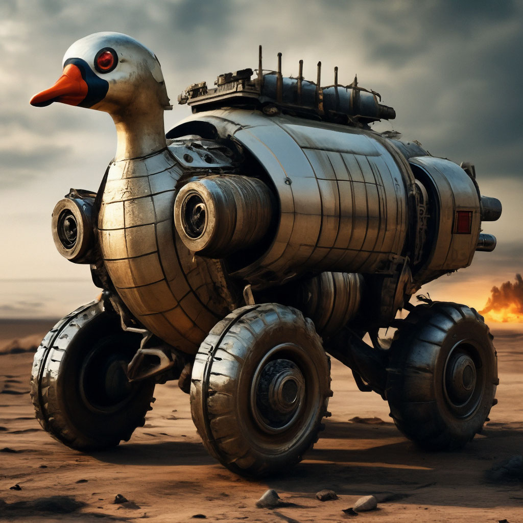 "Armored goose, wheels instead of paws, rockets are attached to the ...