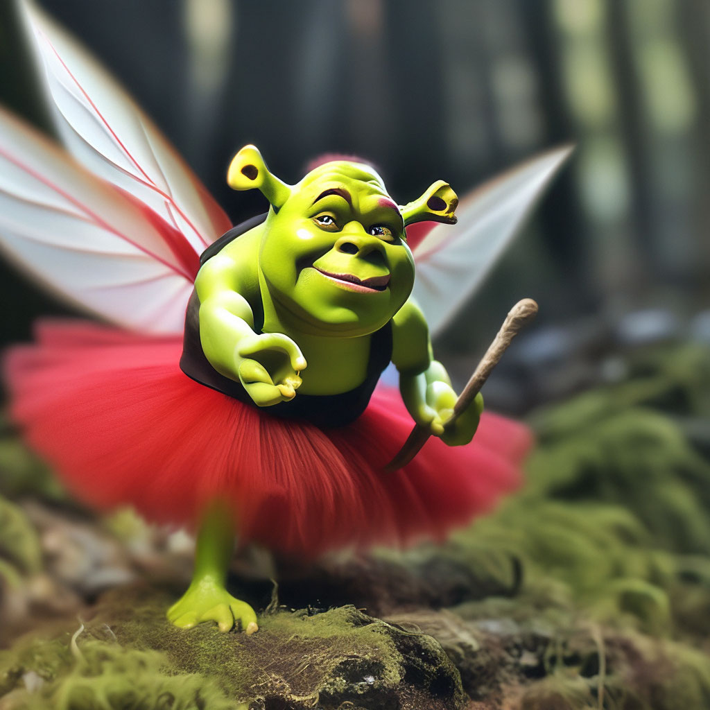 "Shrek in a tutu trying to hide behind a little fairy with red wings ...