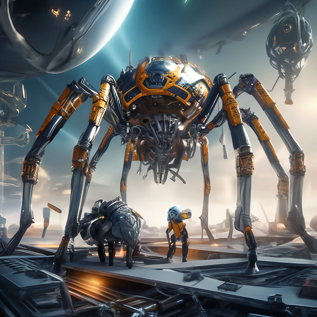 "Space spiders are building a huge mechanical spider." — image created ...