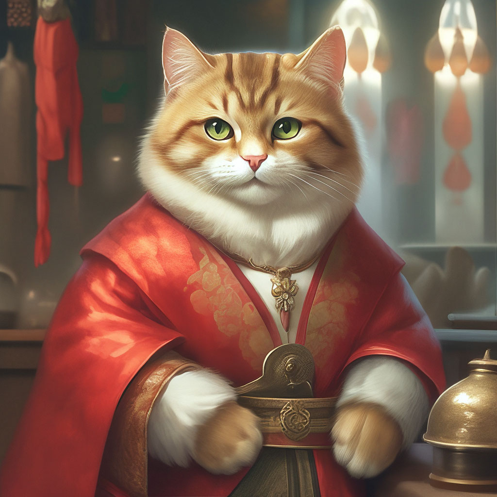 "A merchant cat, plump with a mustache, in a red robe," — image created ...