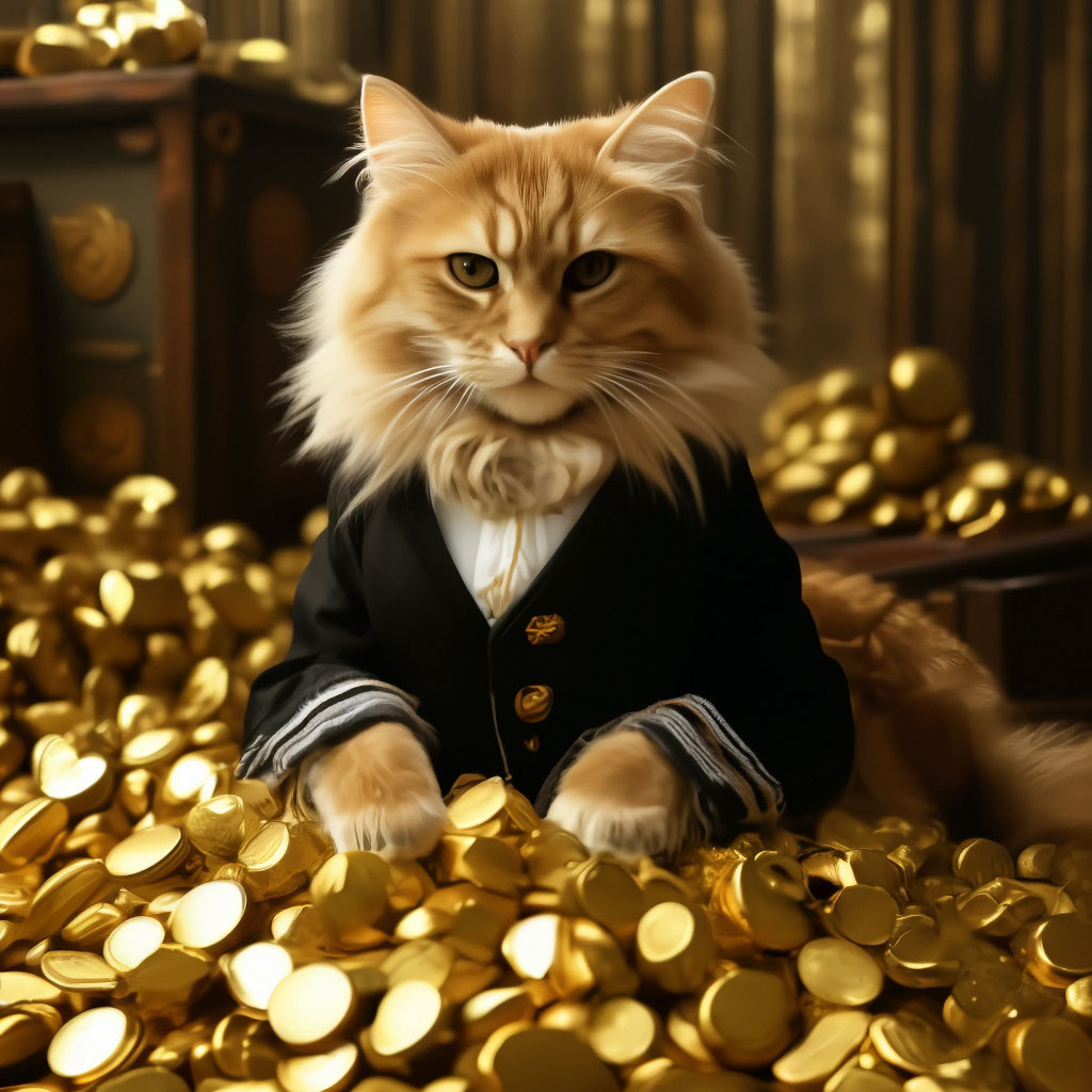 "Mr. Cat and a lot of gold" — image created in Shedevrum
