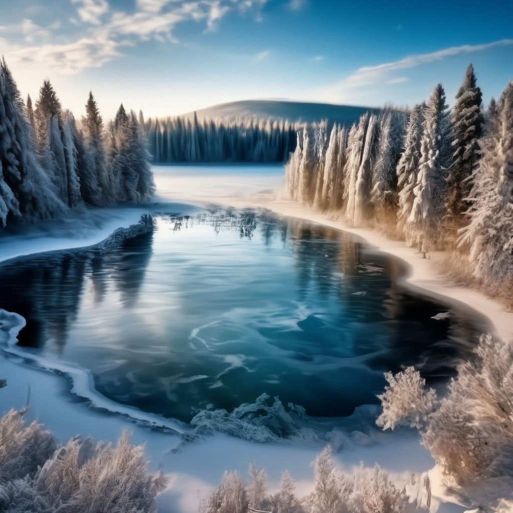 "Magical,winter landscape,fluffy fir trees,frozen lake,covered with a ...