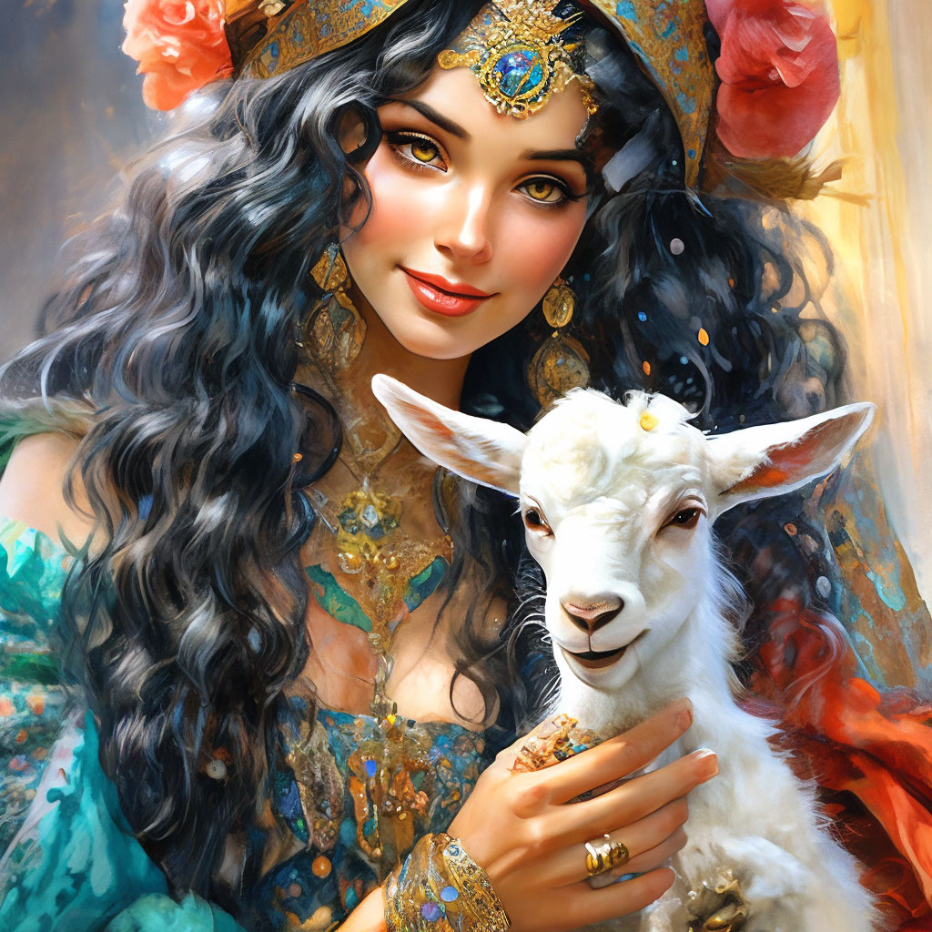 "The beautiful gypsy Esmeralda dances with a small goat,full height ...