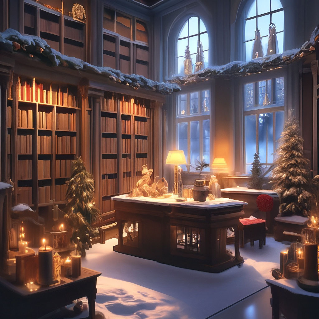 "Winter library, mysticism, christmas decorations, without people, new ...