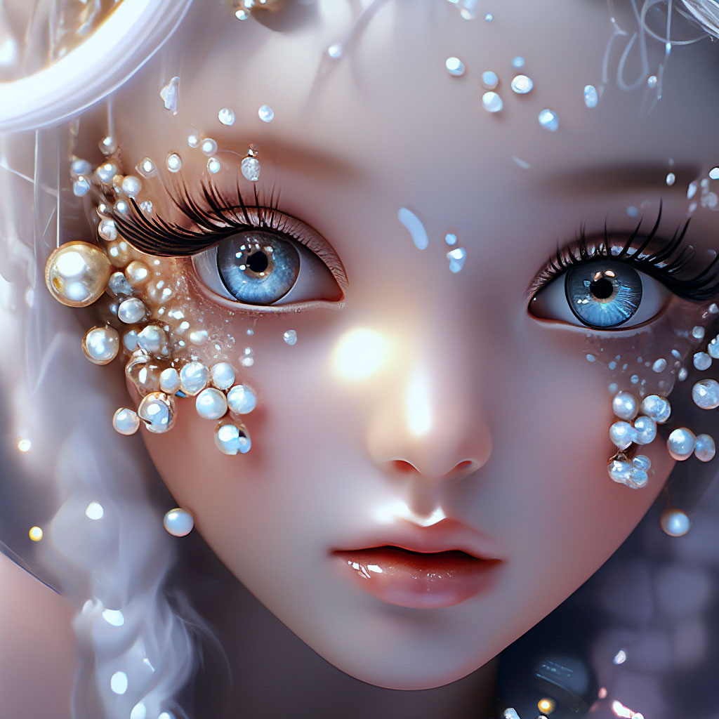 "Pearl girl with big pearl eyes, with very long and fluffy eyelashes ...