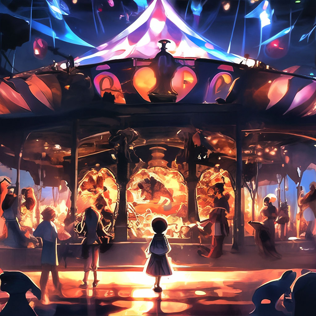 "Let the carousel spin Let it become more fun For us In the puppet and ...