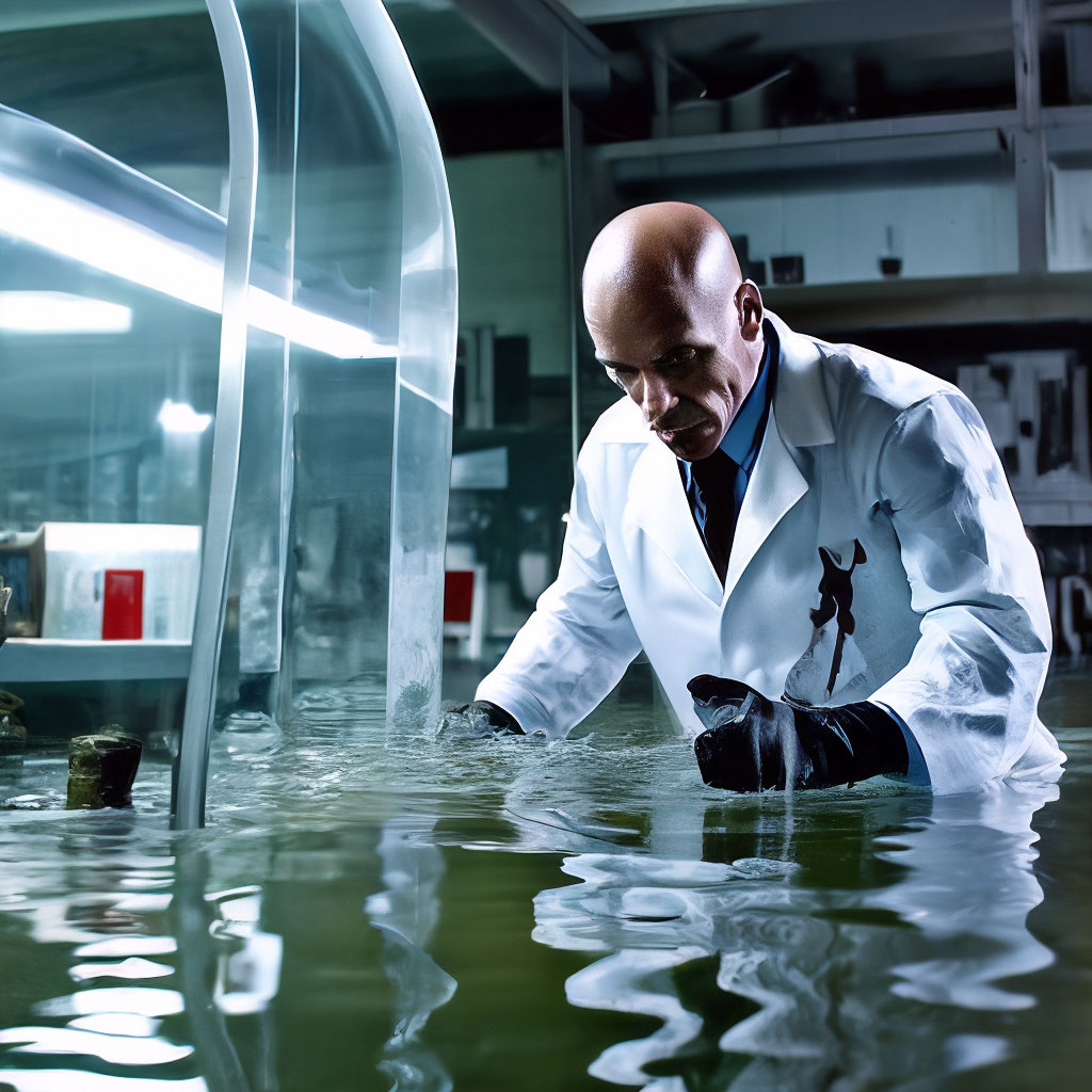 "Resident Evil films. The laboratory is half flooded with water, a bald ...