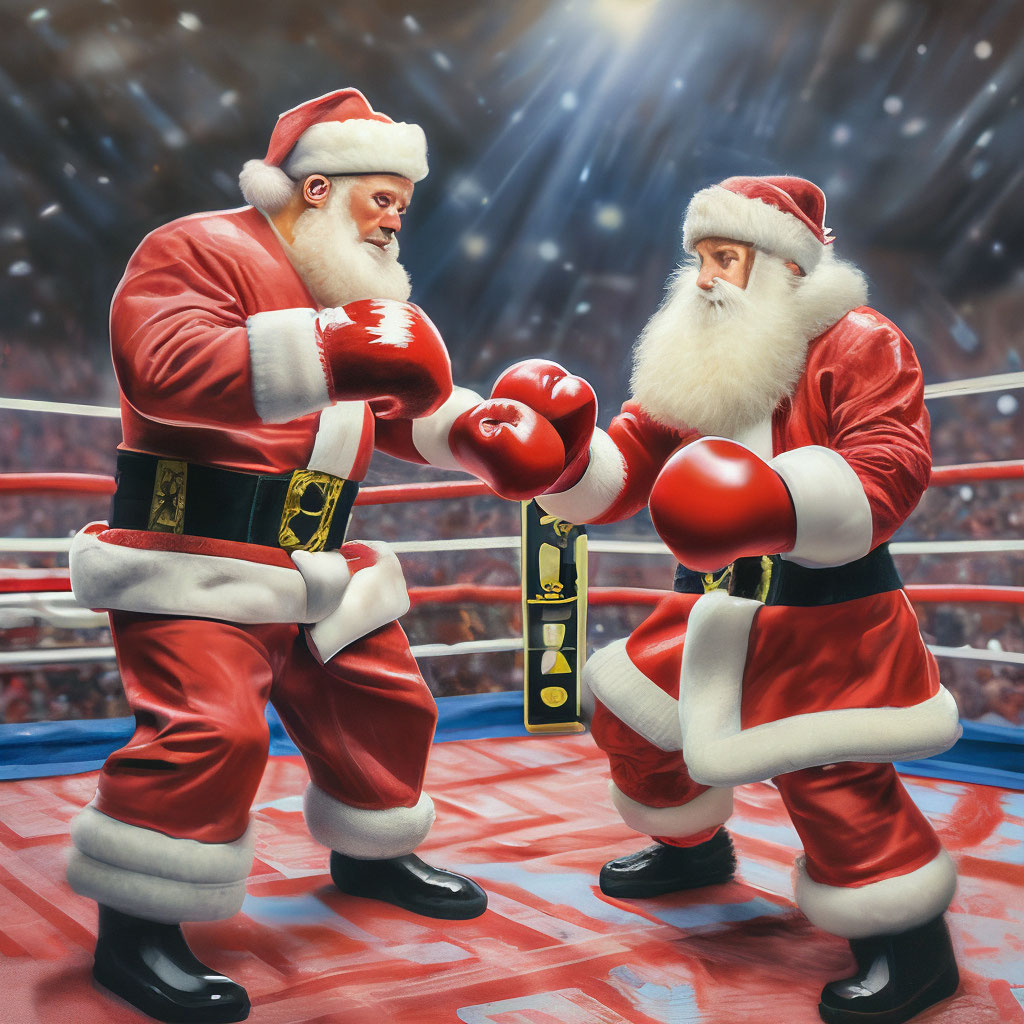 "Santa Claus and Santa Claus in the ring, boxing" — image created in ...