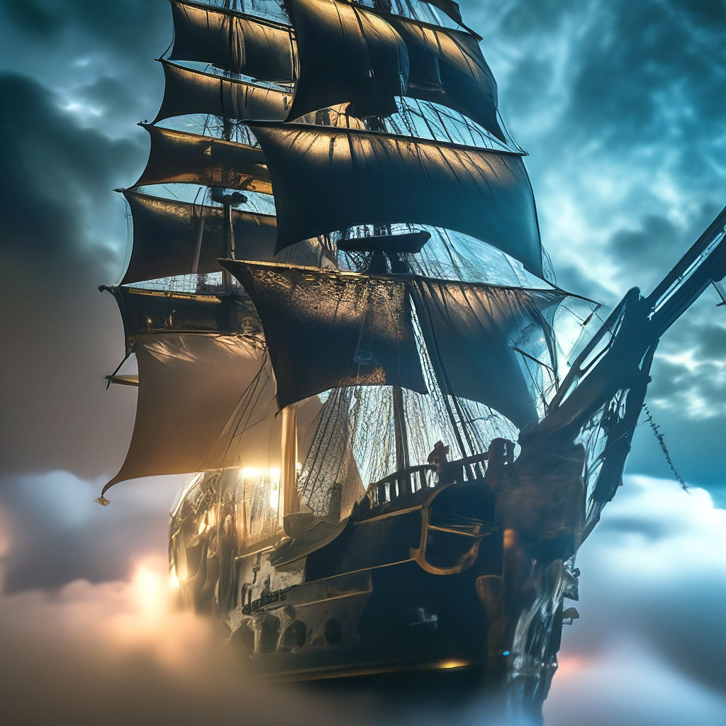 "Mythical pirate ship with black sails flying Dutchman floating in the ...
