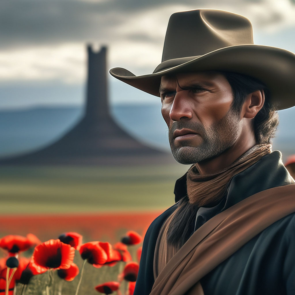 "Dark tower, poppy field, stern tired cowboy standing in the foreground ...