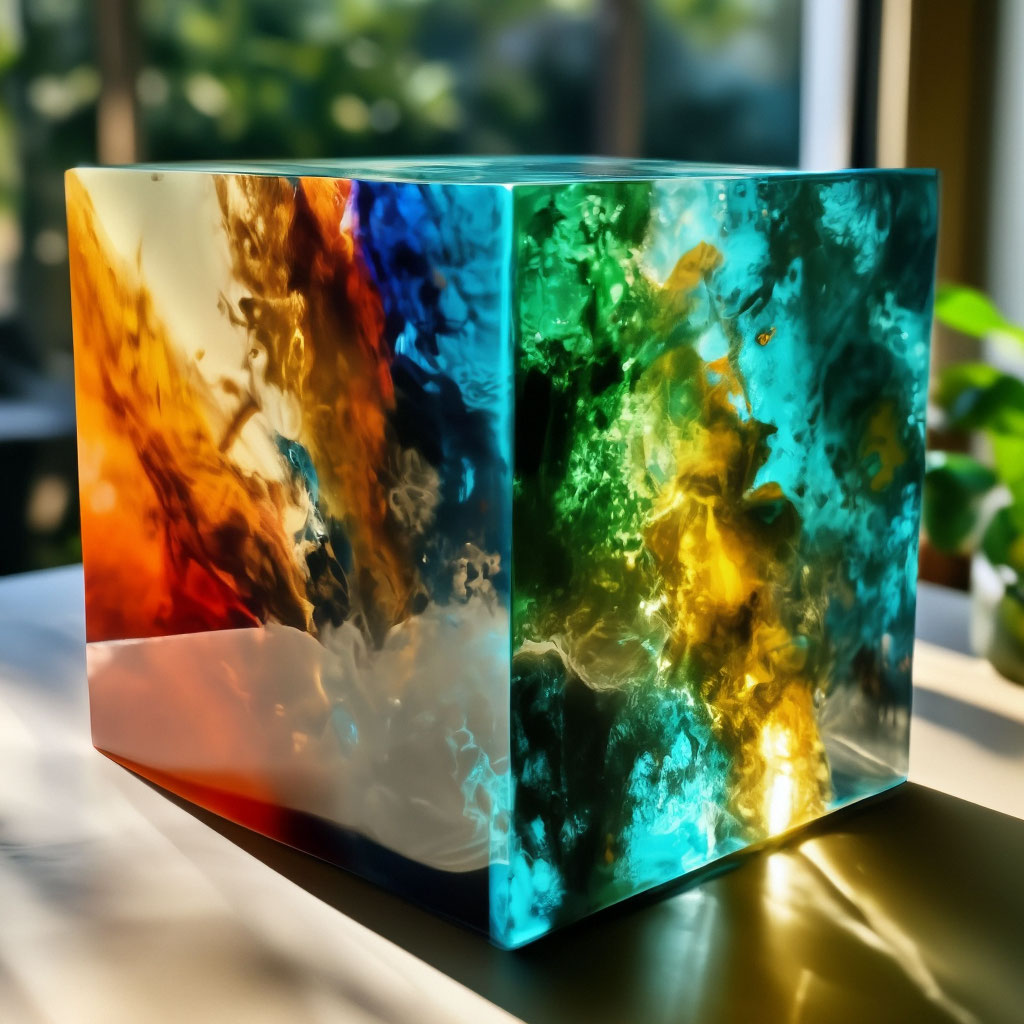 "Chaotic riot of colors in a huge epoxy resin cube,3d,8+backlight ...