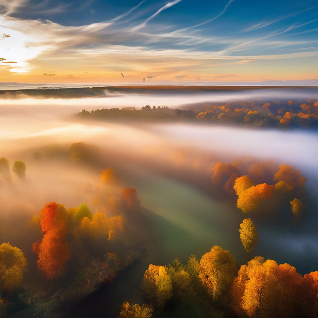 "Morning mist, autumn landscape skylines, from a bird's eye view, fog ...
