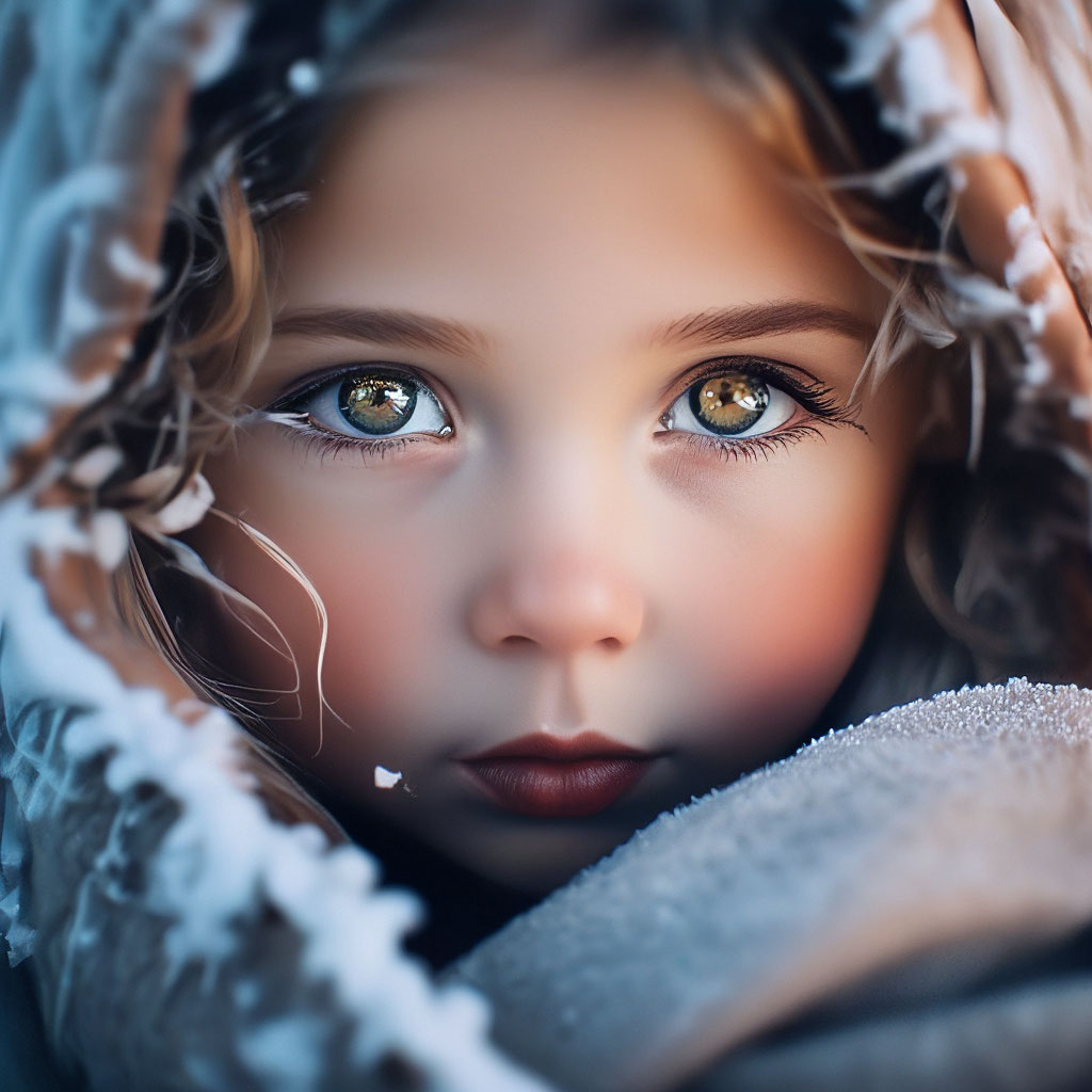 "Detailed beautiful young woman, eyelashes frozen from the cold, huge ...