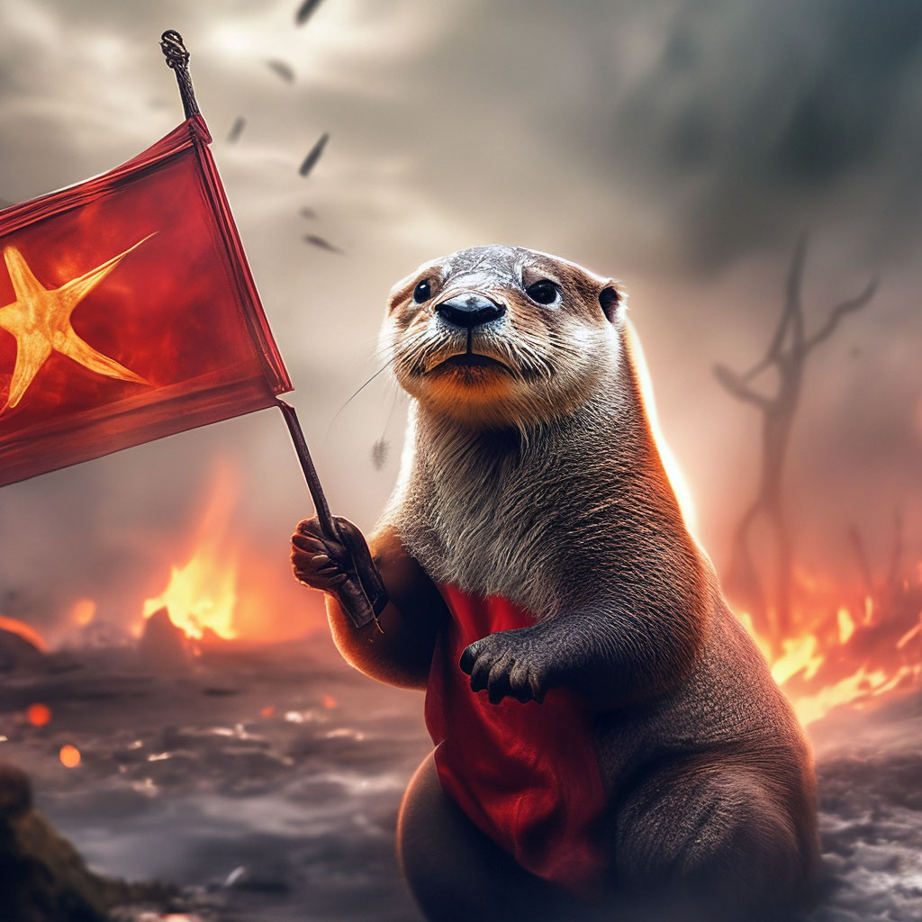 "An otter with a red banner in its paws on a background of fire and ...