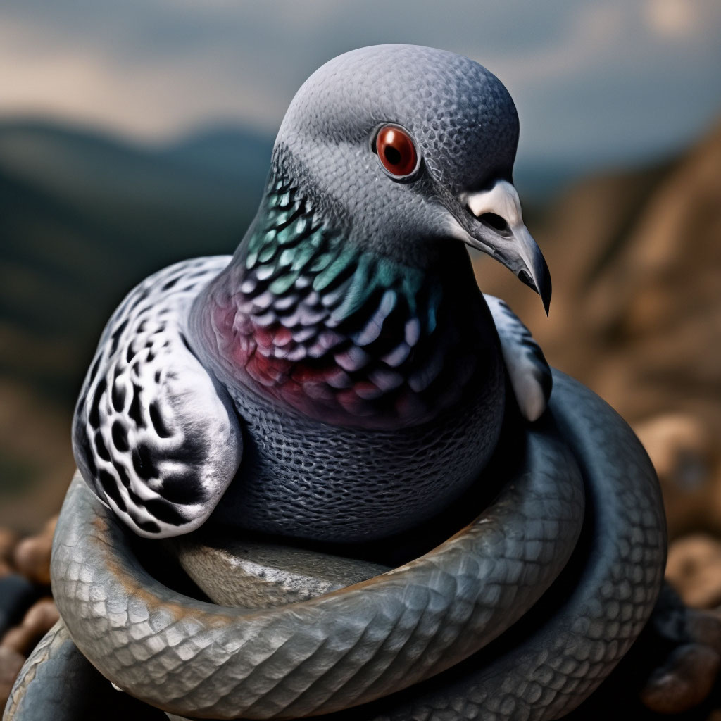 "Hybrid pigeon and snake hyperrealism" — image created in Shedevrum