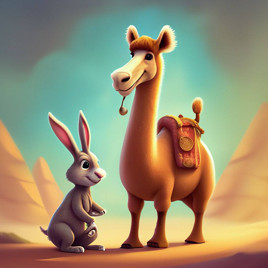 "Cartoon camel and rabbit" — image created in Shedevrum