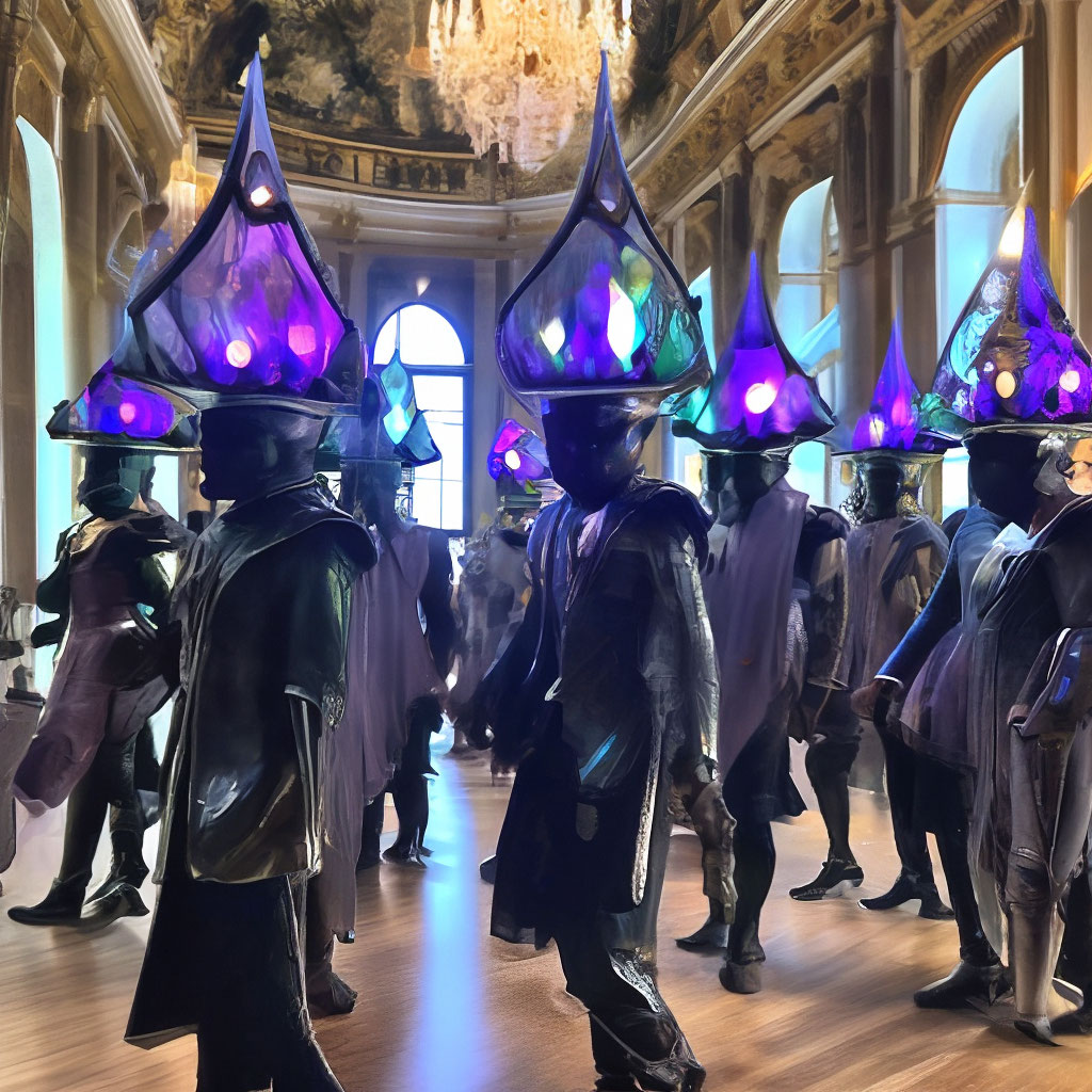 "Men in glass stained glass futuristic black baroque helmets on their ...