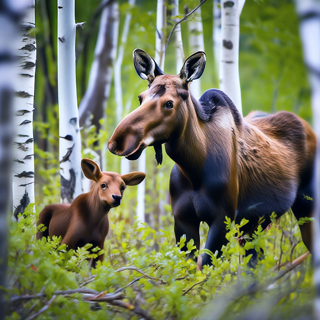 "Moose with a cub in the thickets of birch, professional photo" — image ...