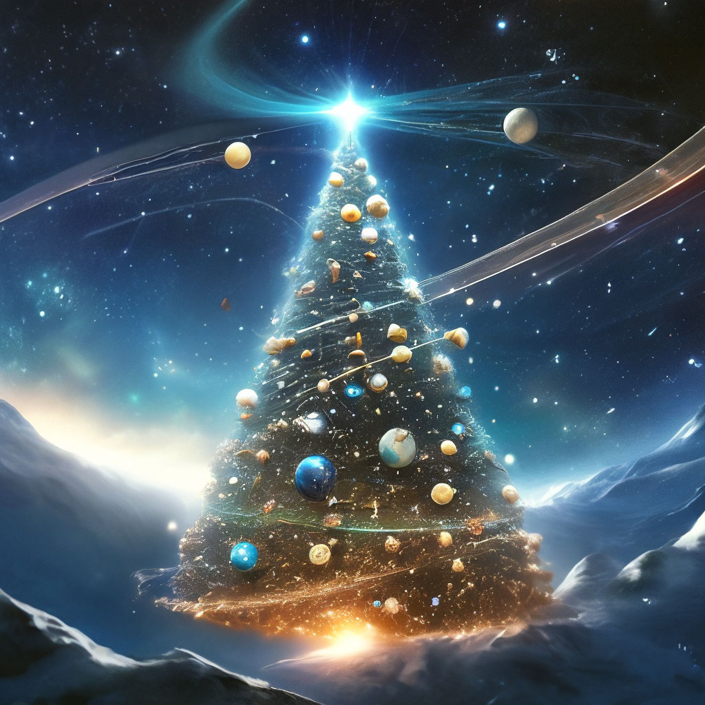 "A cosmic Christmas tree decorated with a planet and, comets, the Milky ...