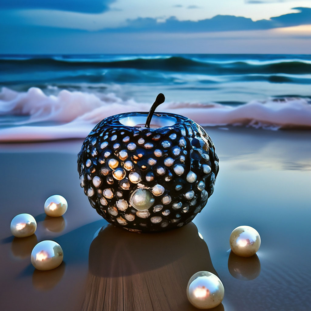 "Crystal apple with mother-of-pearl black and white pearls on the shore ...