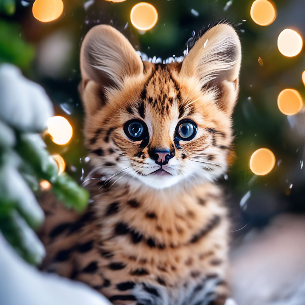 "🧊🥰 cute baby Serval sitting under a Christmas tree in the snow looking ...