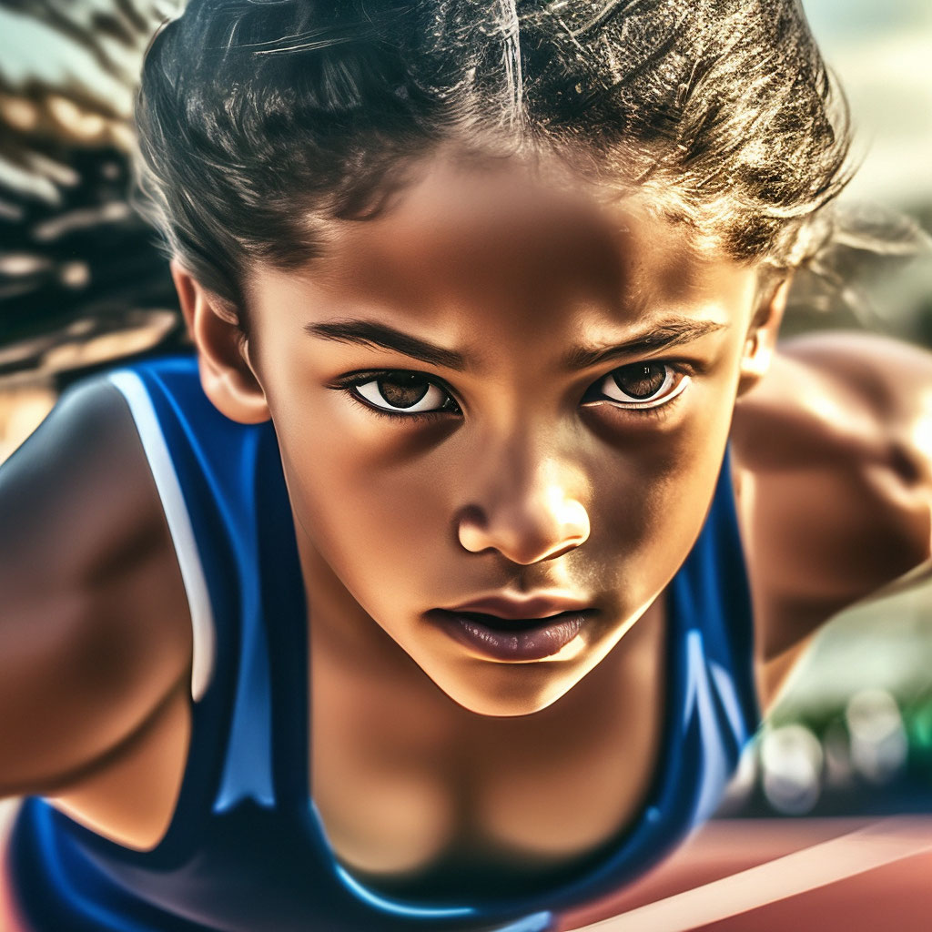 photorealistic image of a young athlete mid-sprint on a track, with ...