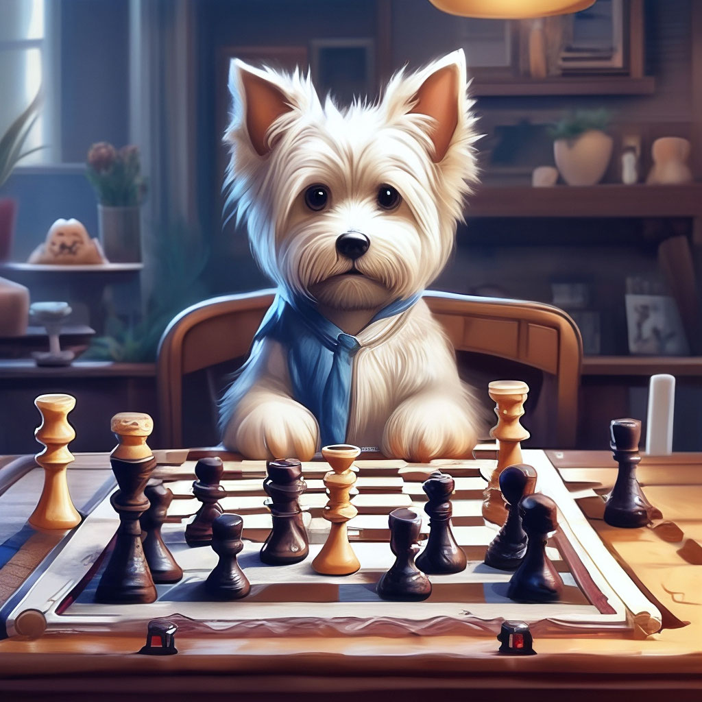 "Nice cute dog playing chess" — image created in Shedevrum