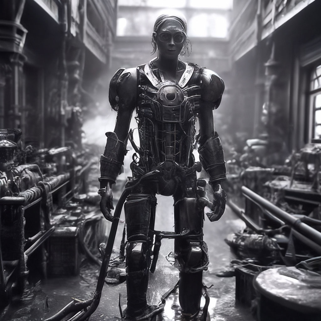 "Evil cyborg anthropomorph with iron body parts, results of experiments ...